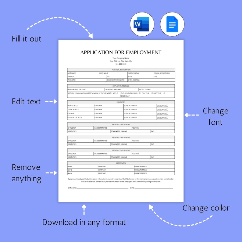 Application for Employment. Job Application Template Word. Employee Application. Editable ...