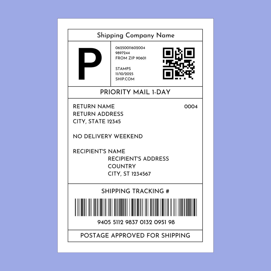 Shipping Label Template. Editable Personalized Mail Label. Fake ...