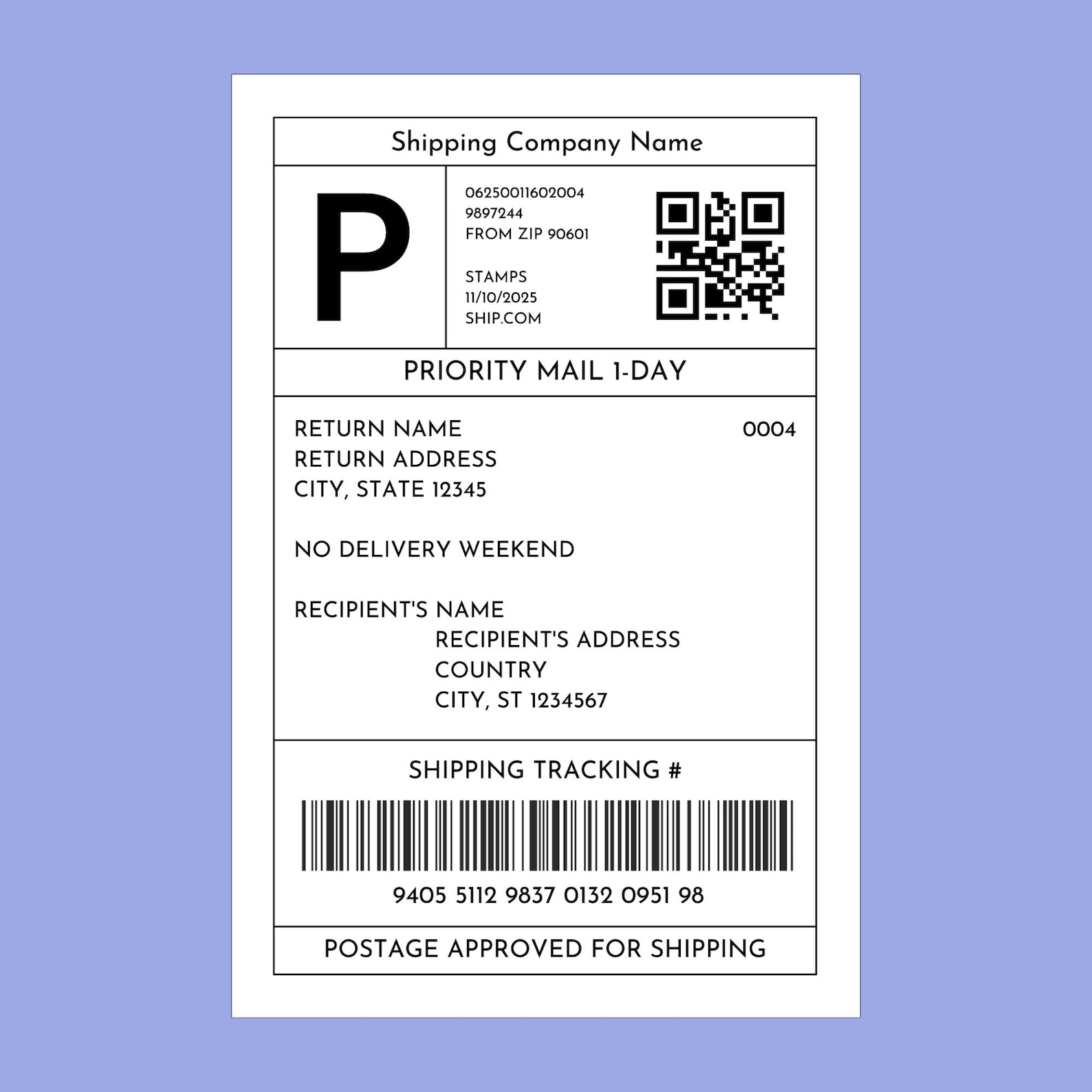 Shipping Label Template. Editable Personalized Mail Label. Fake ...