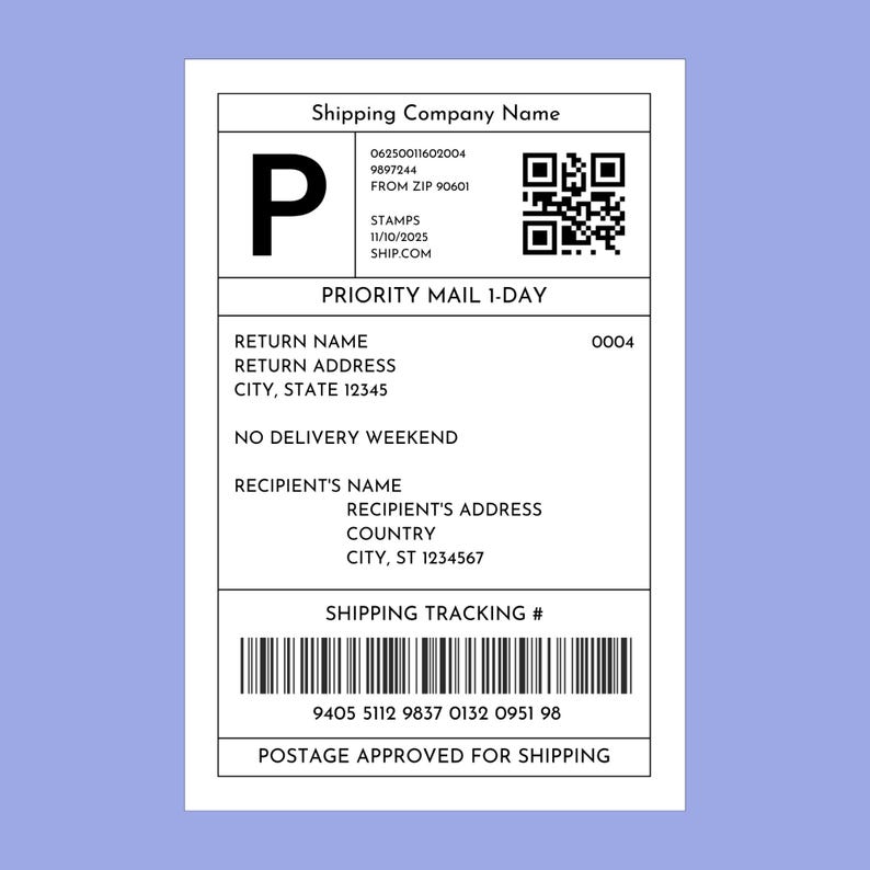 Shipping Label Template. Editable Personalized Mail Label. Fake ...