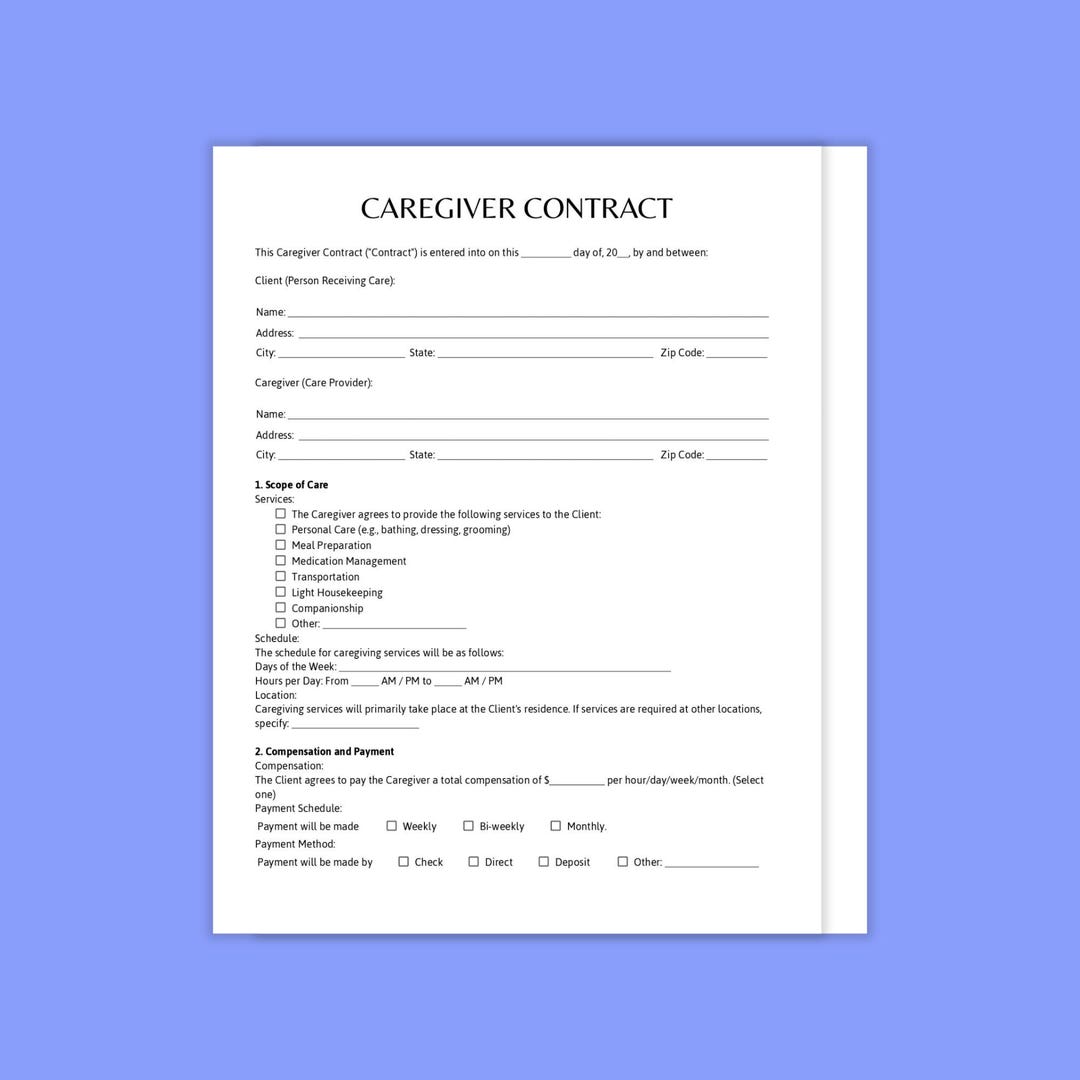 Caregiver Contract Agreement. Home Care Agreement Template. Caregiver ...