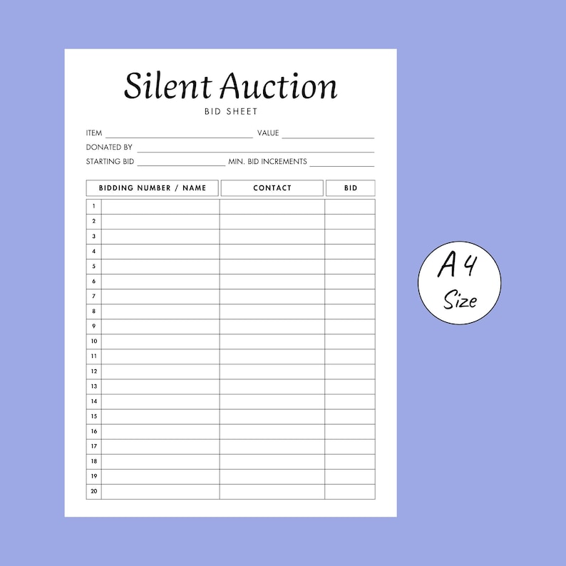 Editable Silent Auction Bid Sheet. Silent Auction Sign up Sheet, 2025 ...