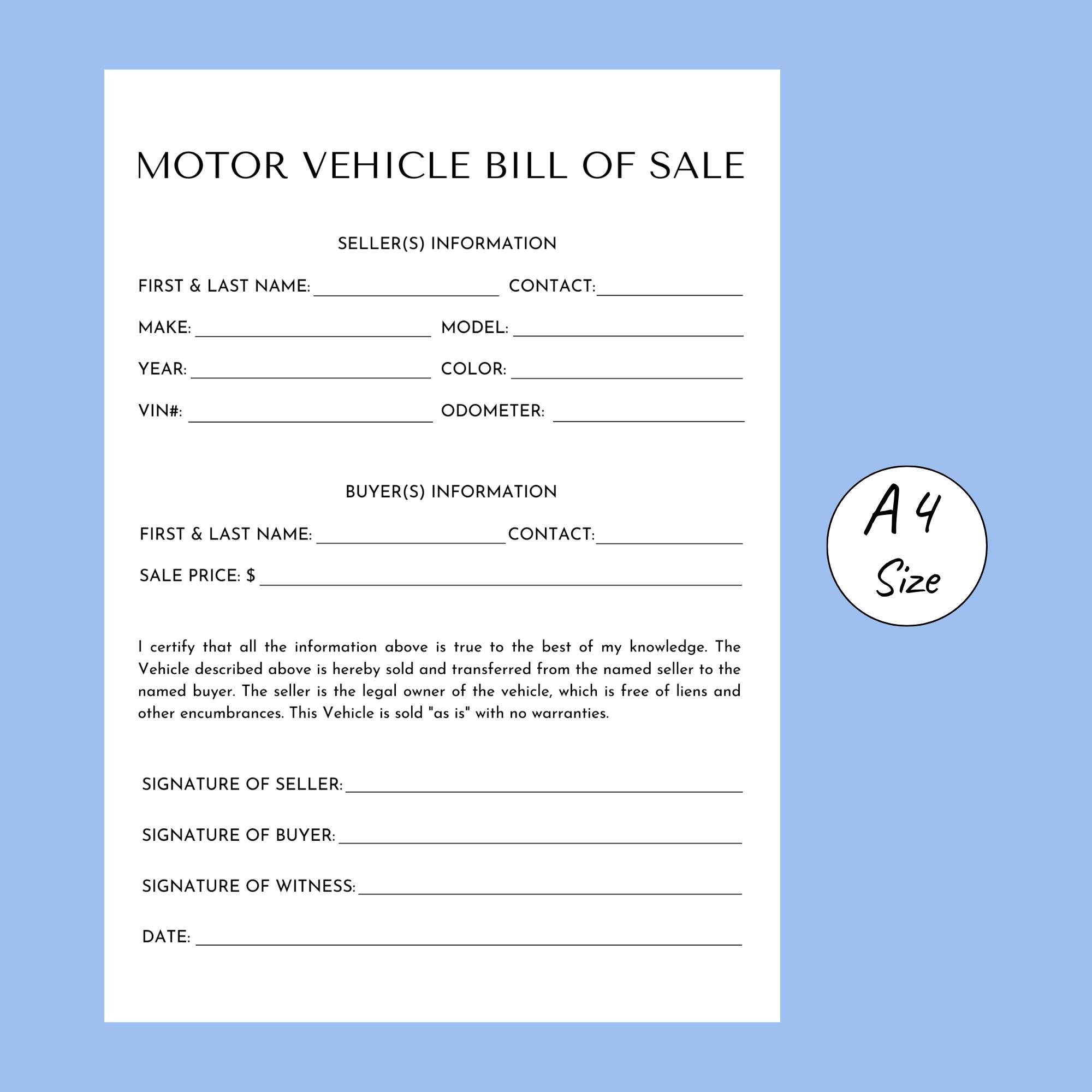 Motor Vehicle Bill of Sale. Blank Auto Bill of Sale, Motor Vehicle Bill ...