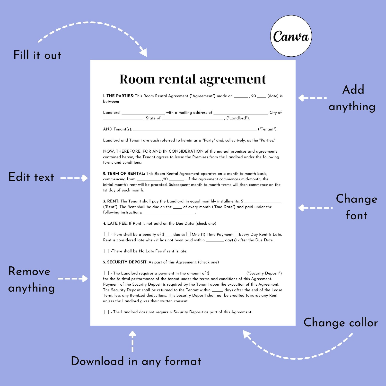 Room Rental Agreement, Room Rental Lease Template, Room Rental Contract ...