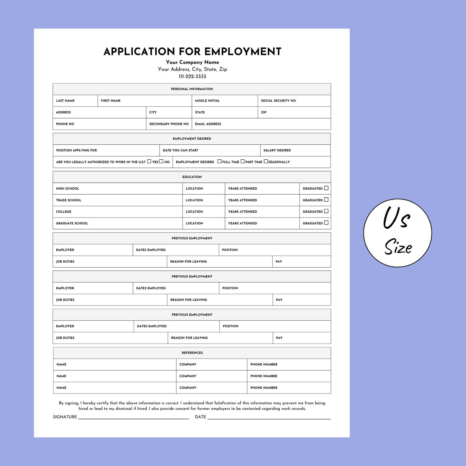 Editable Job Application Template, Printable Form (A4, US Letter) - Etsy