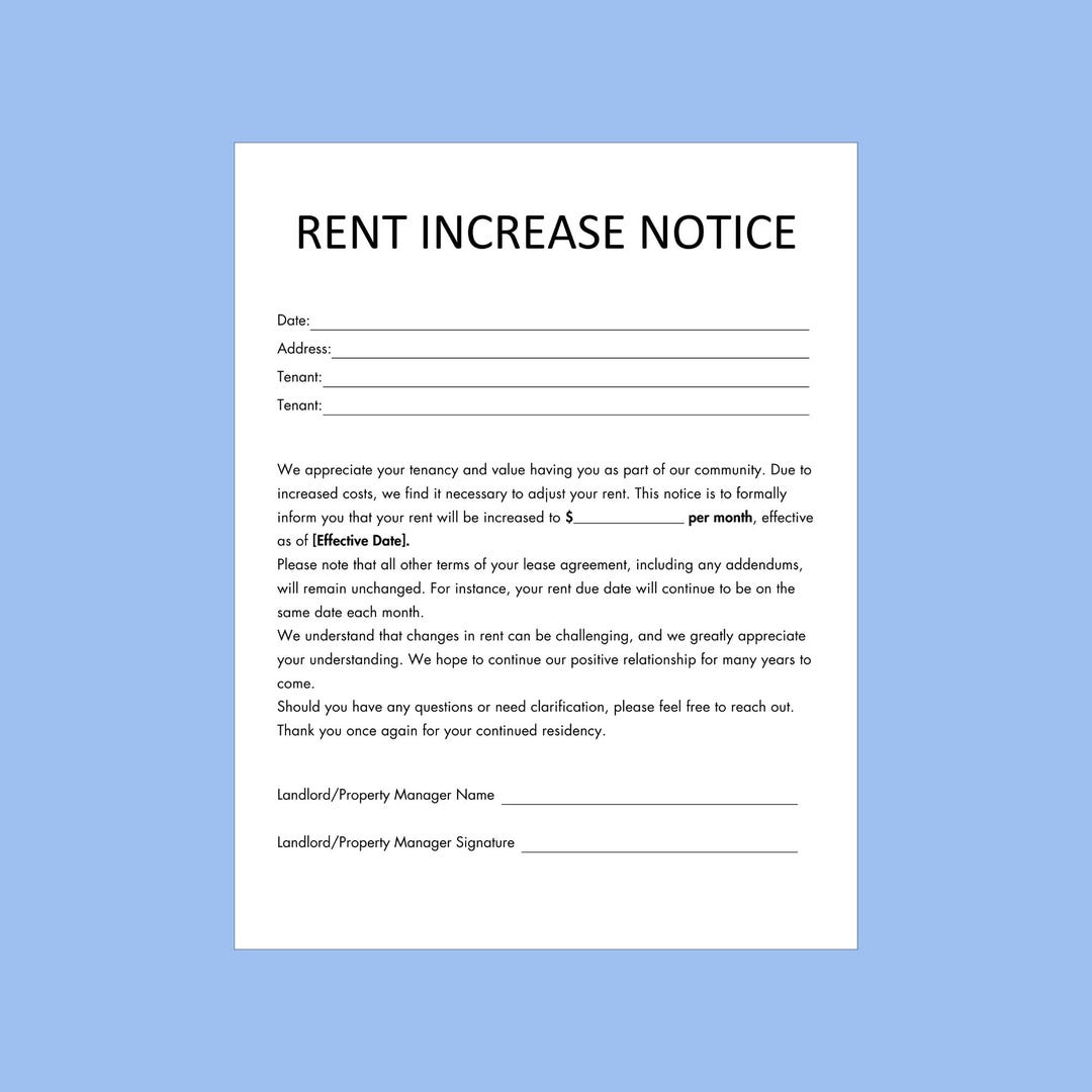 Rent Increase Notice, Rental Increase Notice, Rent Increase Form, Rent ...