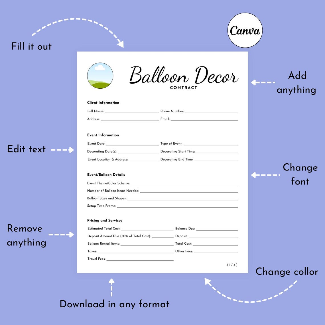 Balloon Artist Contract Template: Editable Balloon Decor Agreement ...