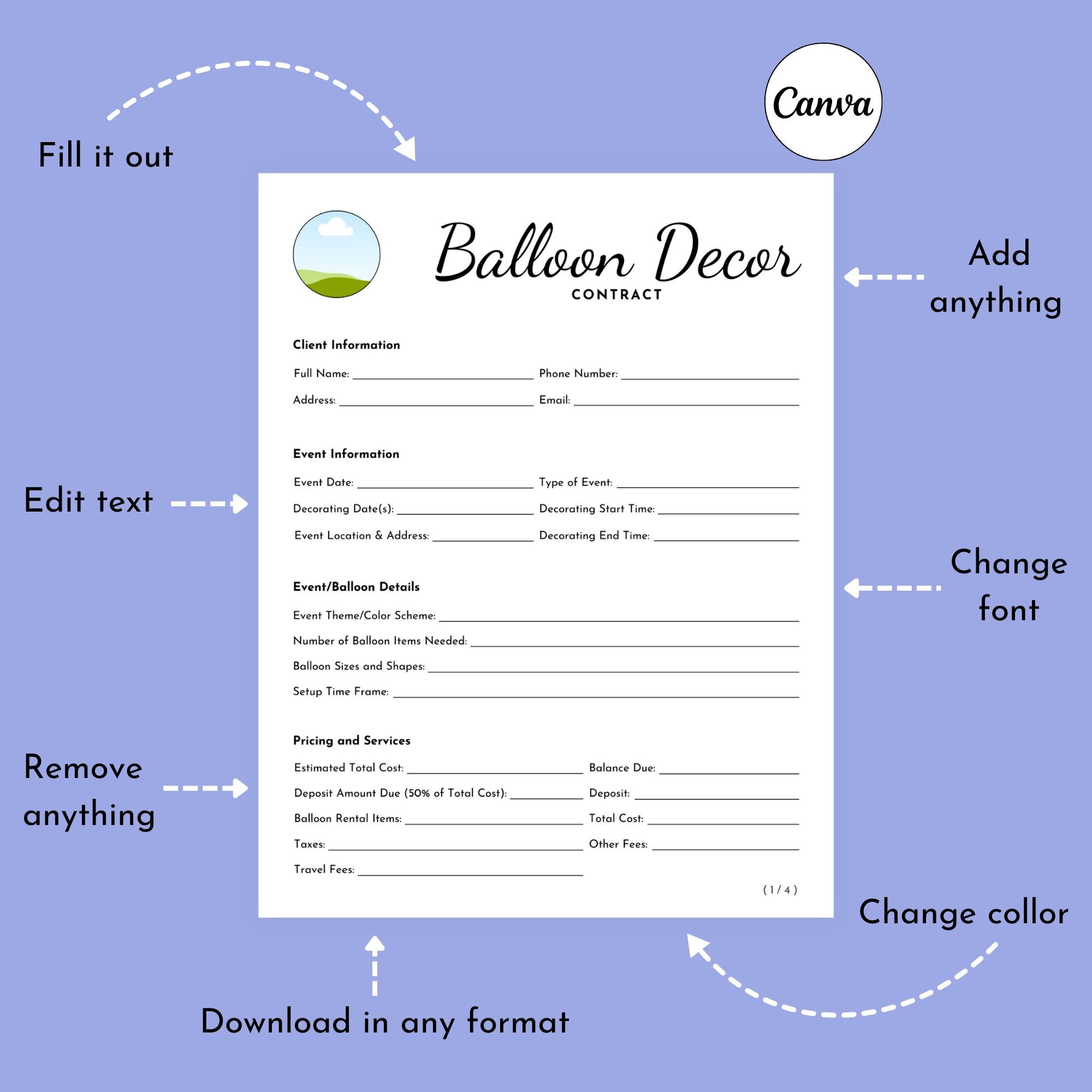 Balloon Artist Contract Template: Editable Balloon Decor Agreement ...