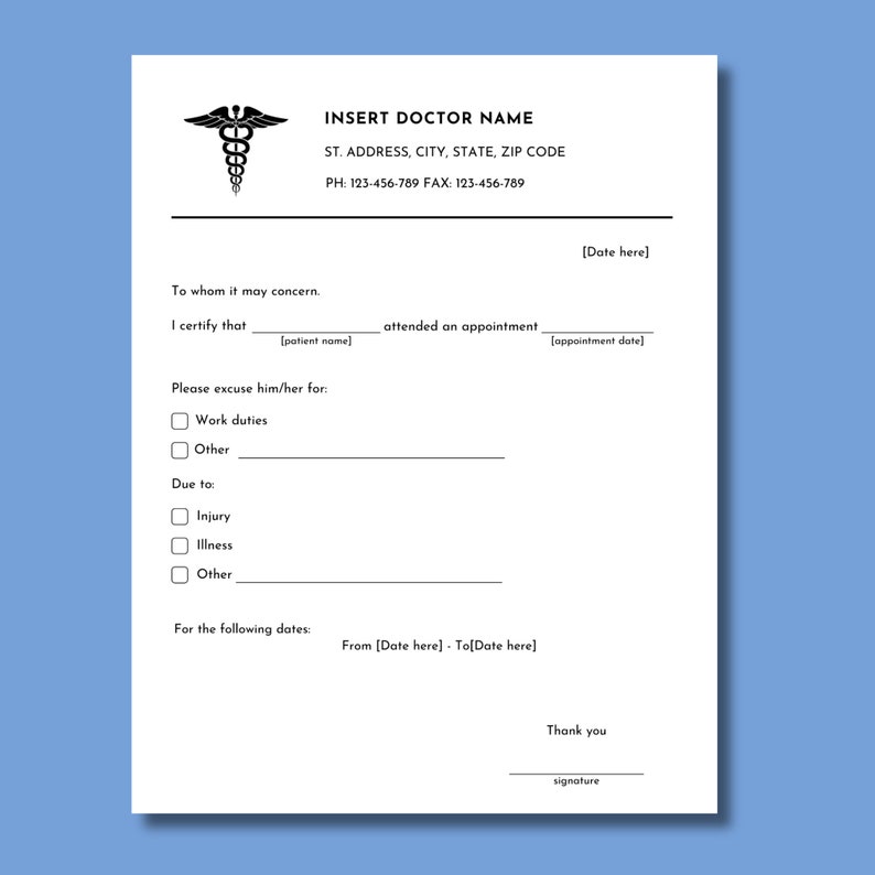 Editable Doctor Excuse Note for Work. Printable Doctor's Note Template ...
