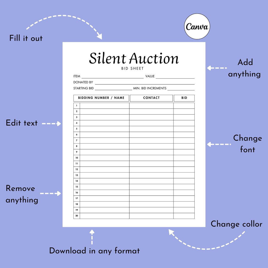 Editable Silent Auction Bid Sheet. Silent Auction Sign up Sheet, 2025 ...