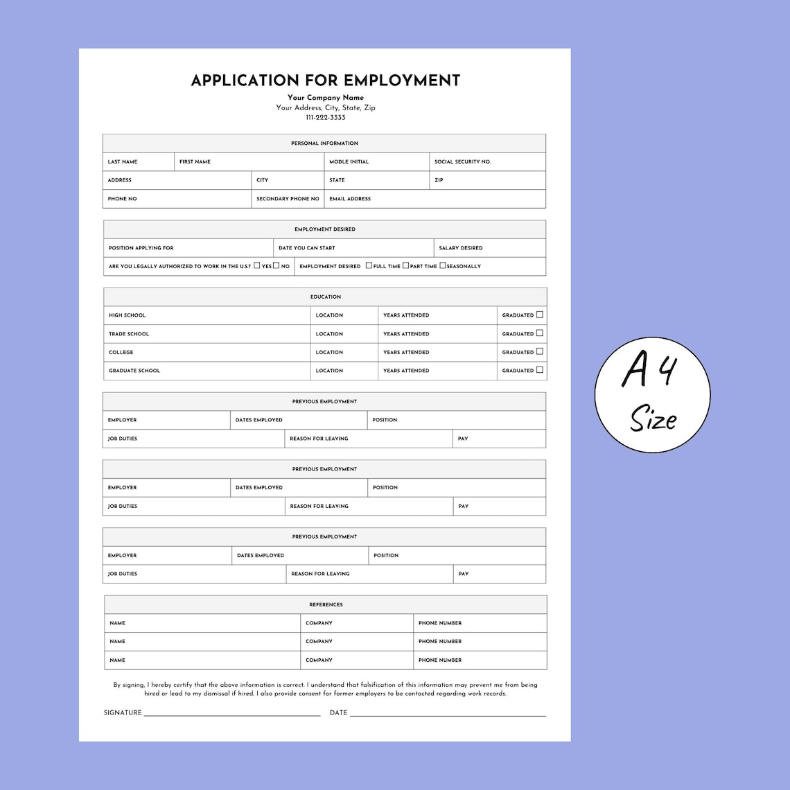 Job Application Template, Employment Application, Job Application ...