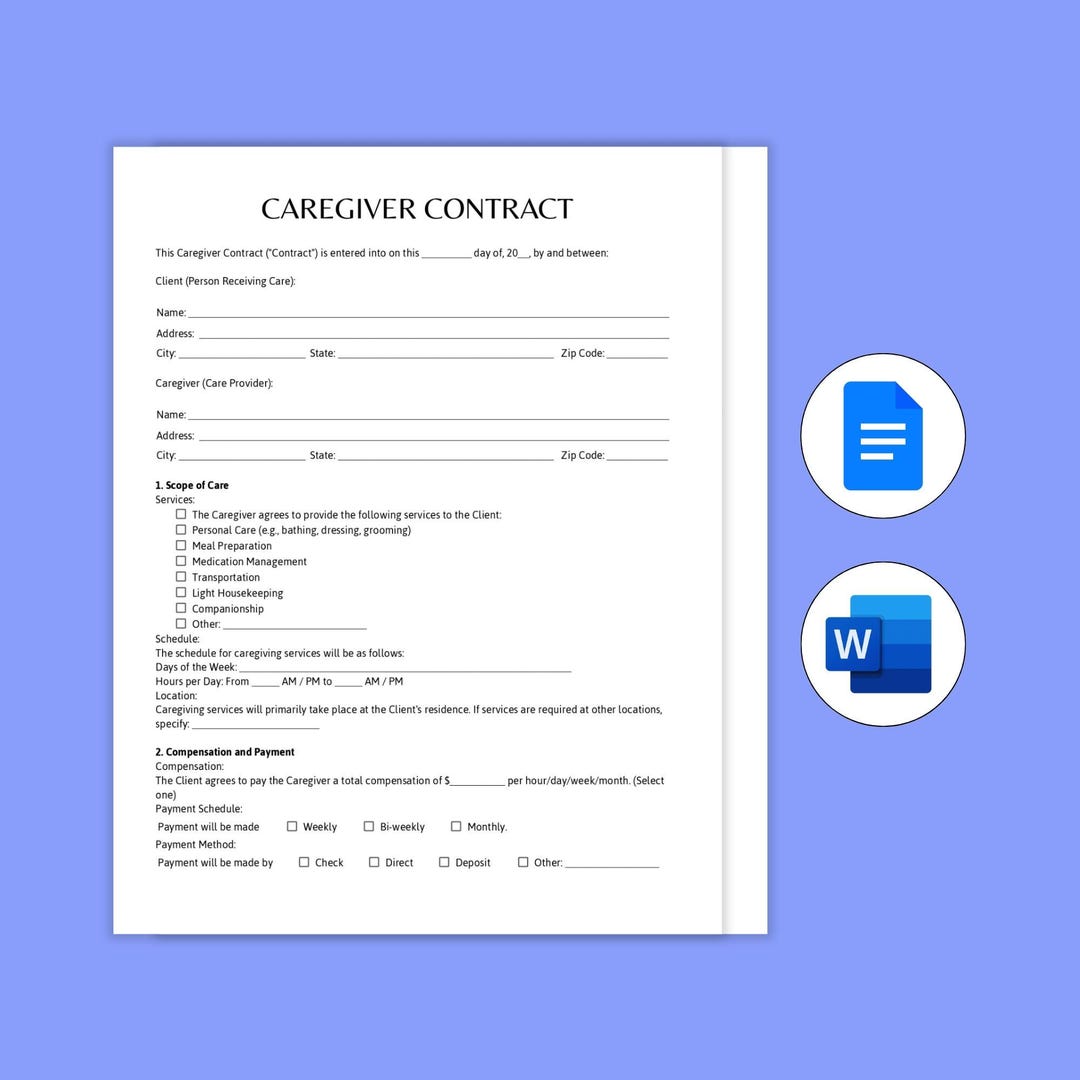 Caregiver Contract Agreement. Home Care Agreement Template. Caregiver ...