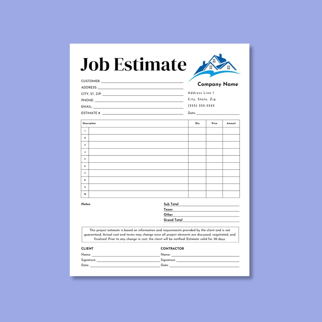 Job Estimate Template. Work Estimate Template, Editable Job Estimate ...