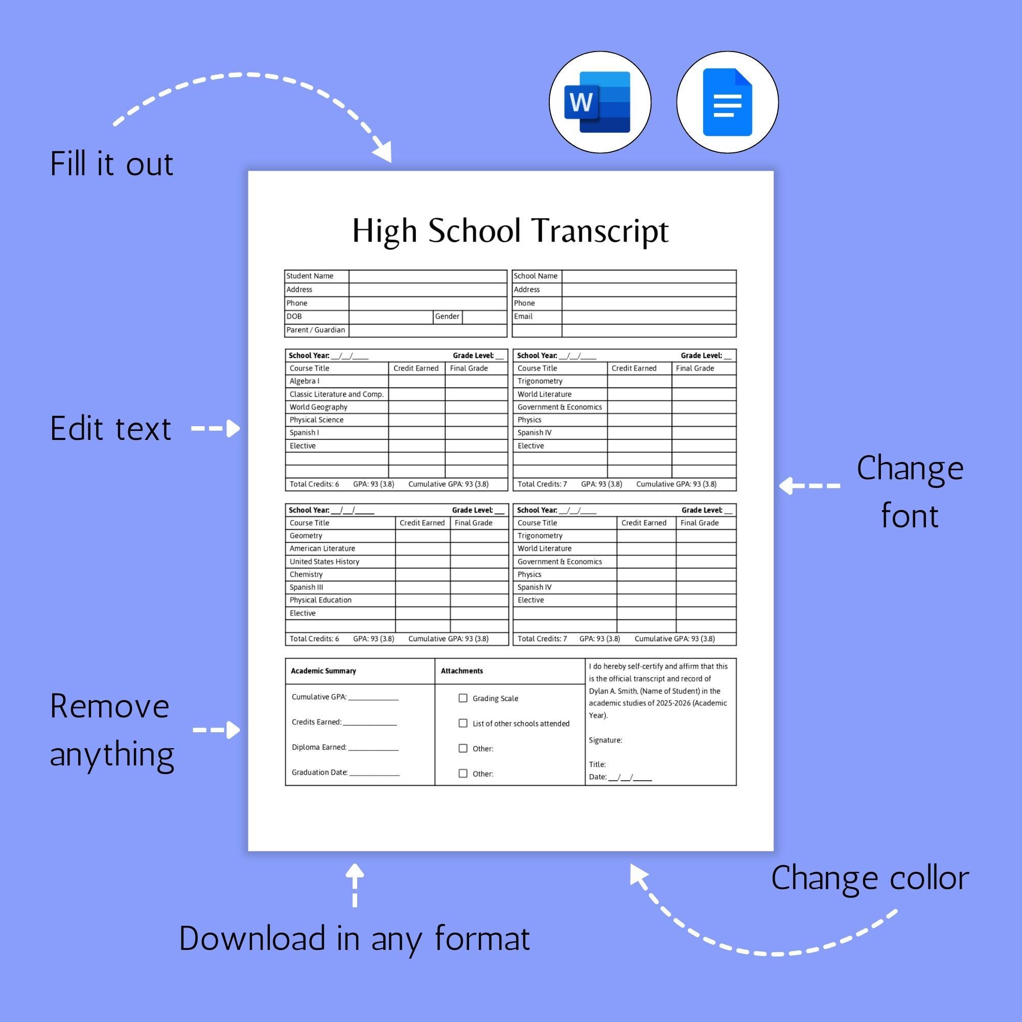 High School Transcript .homeschool Transcript, Editable High School ...