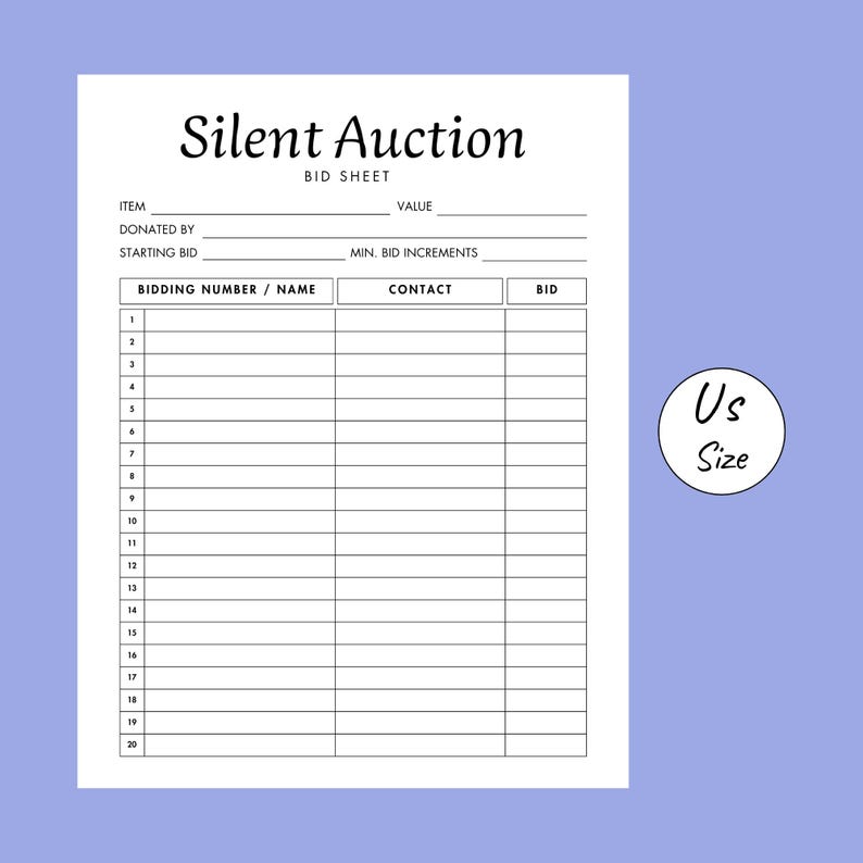 Editable Silent Auction Bid Sheet, Fundraiser Bidding Form (US Letter ...