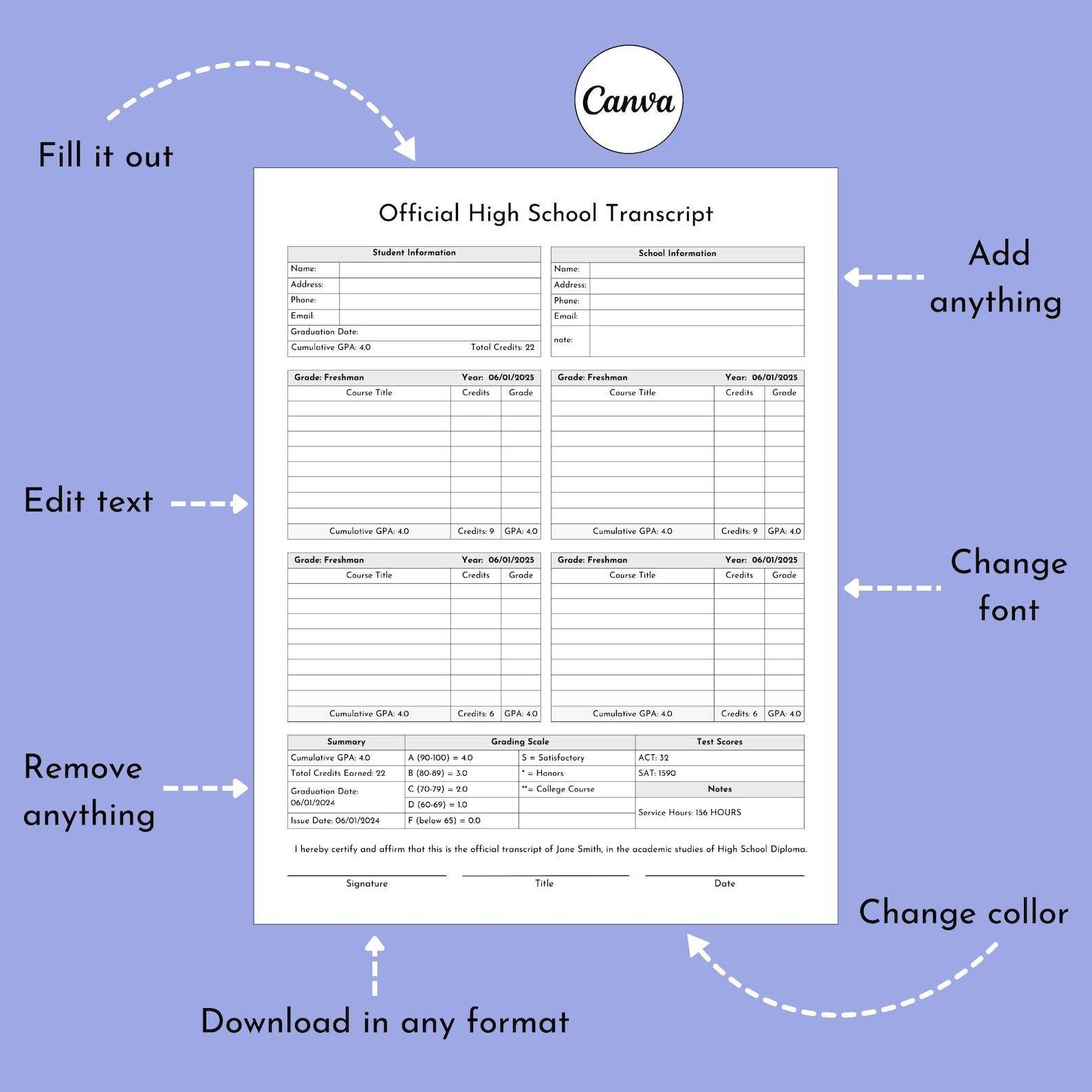 High School Transcript .homeschool Transcript, Editable High School ...