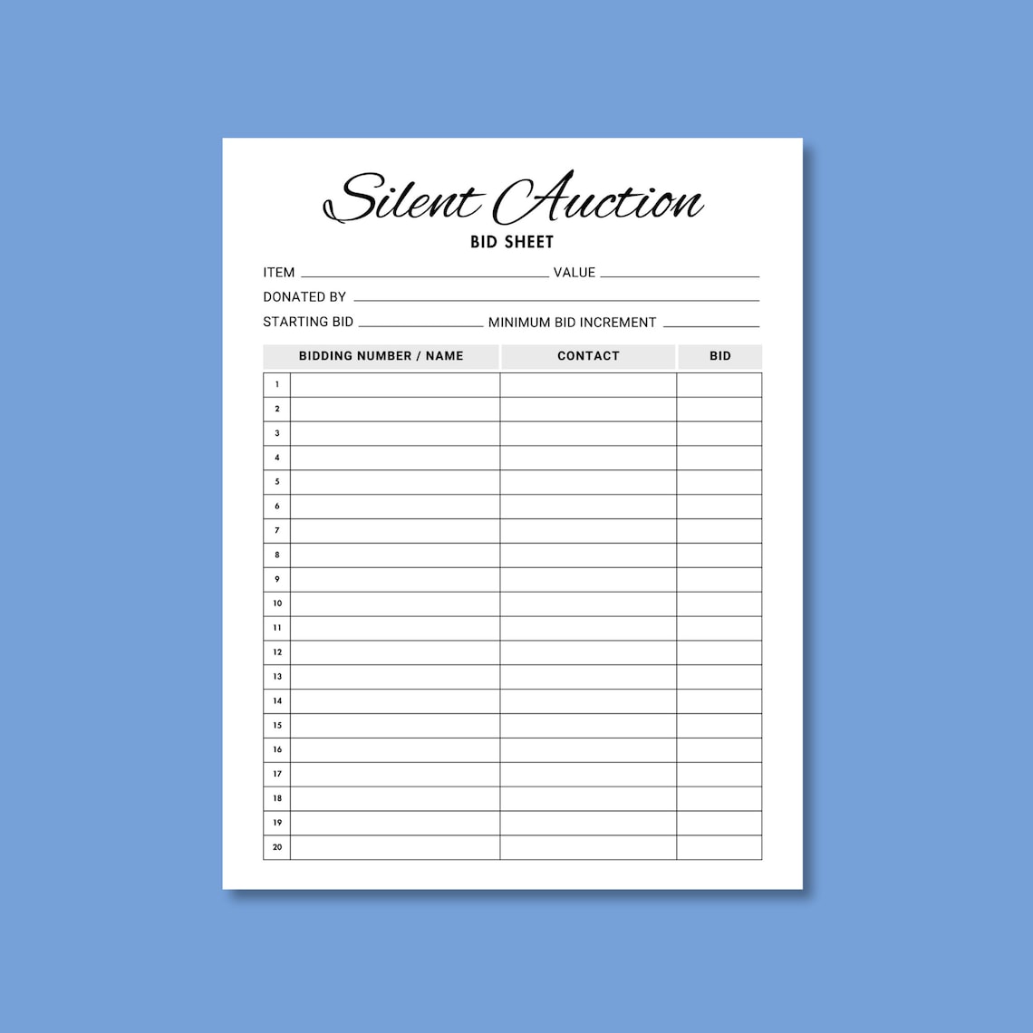 Editable Silent Auction Bid Sheet. Silent Auction Sign up Sheet ...