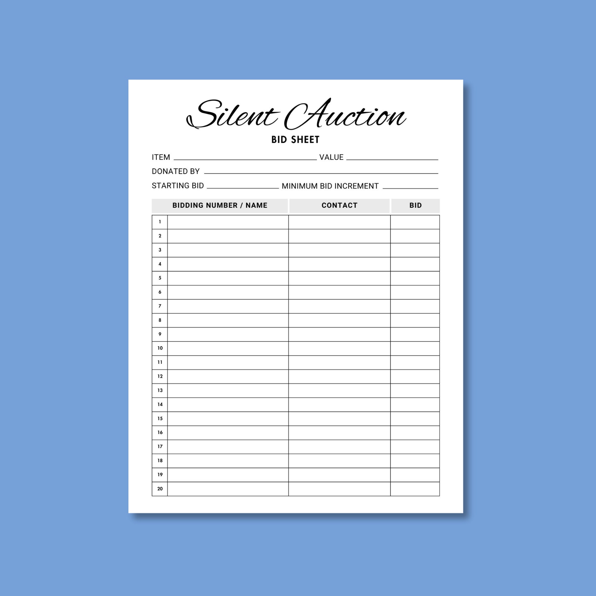 Editable Silent Auction Bid Sheet. Silent Auction Sign up Sheet ...