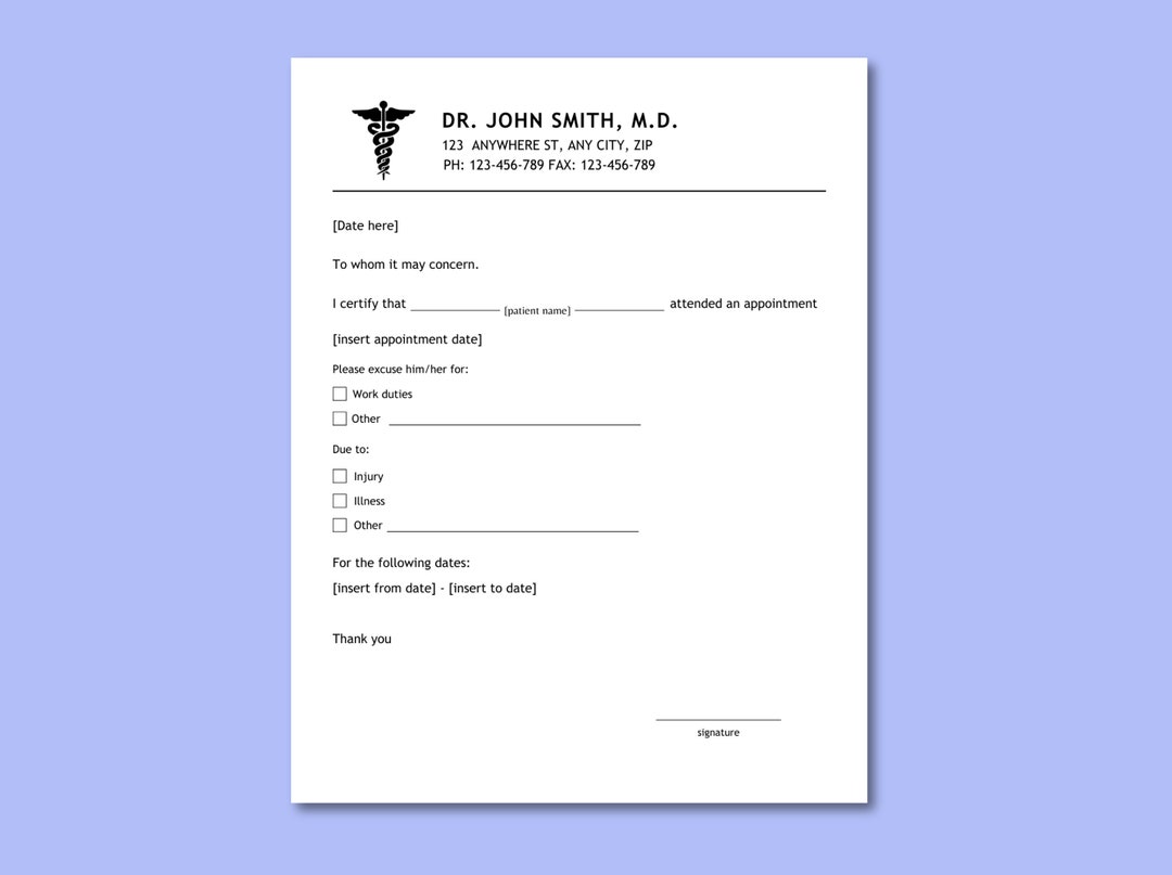 Fillable Doctors Note, Fillable Doctors Note for Work, Doctor Excuse ...