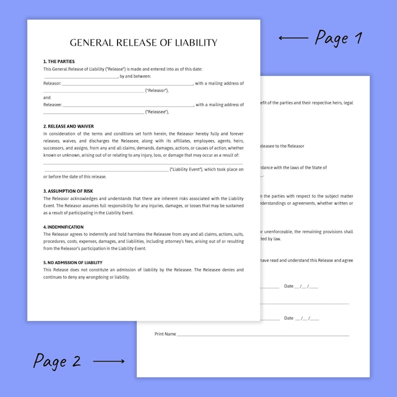General Release of Liability Form Template (word, PDF, Google Docs) - Etsy