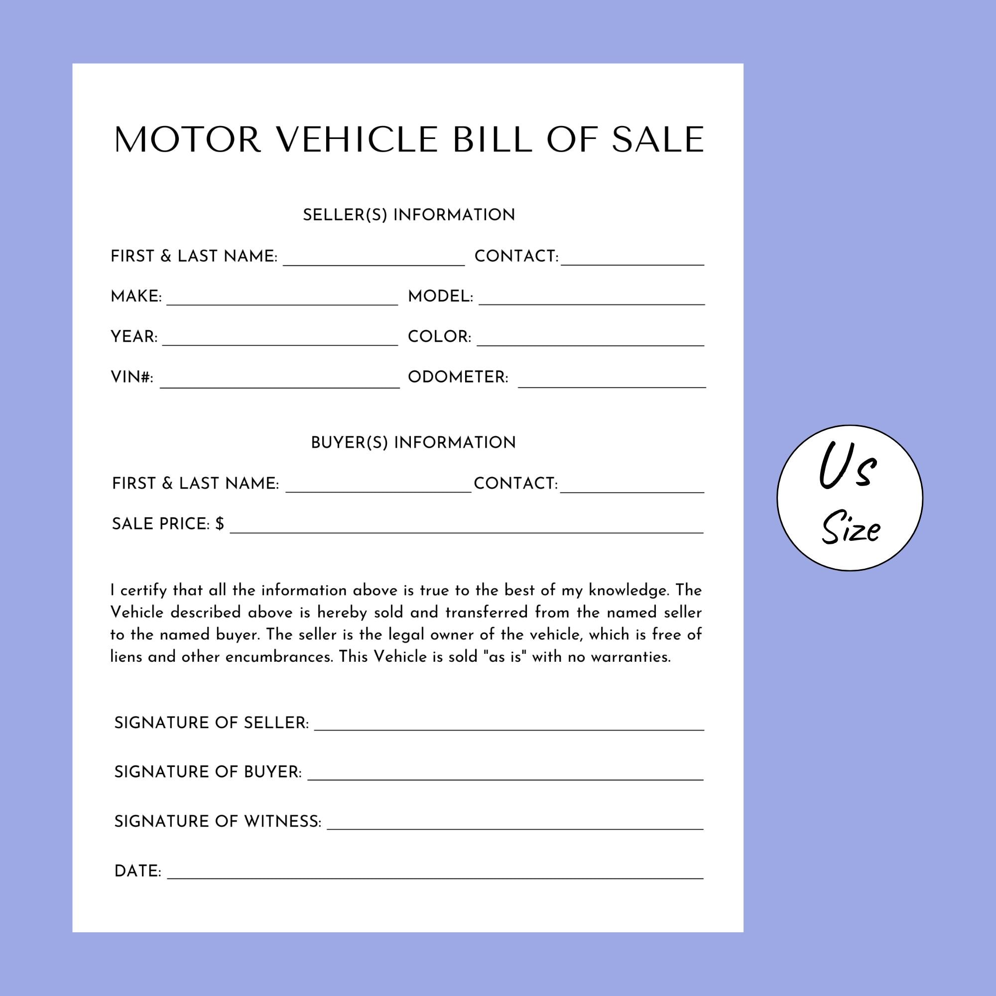 Motor Vehicle Bill of Sale. Blank Auto Bill of Sale, Motor Vehicle Bill ...