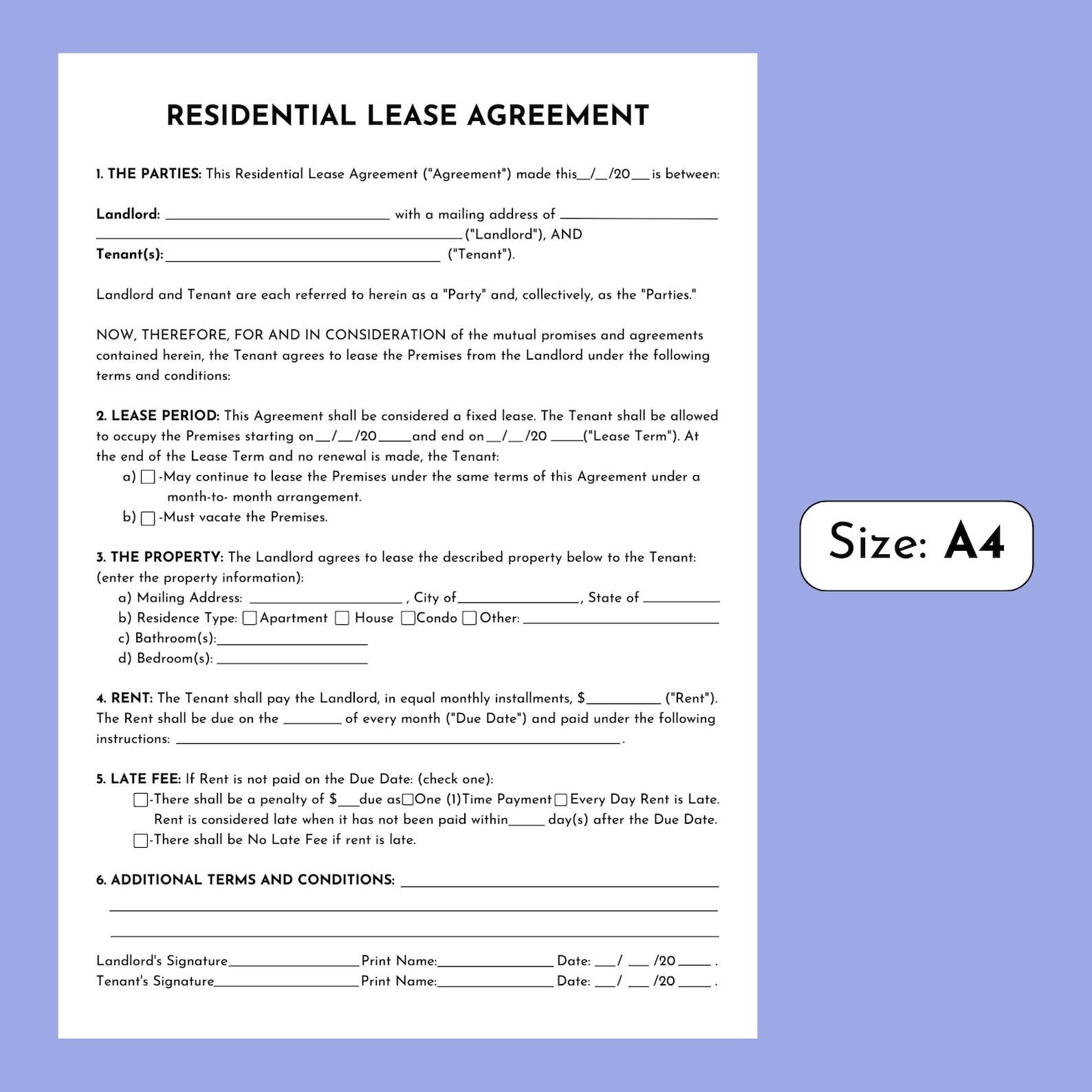 Editable Residential Lease Agreement Template: US Letter & A4 (digital ...