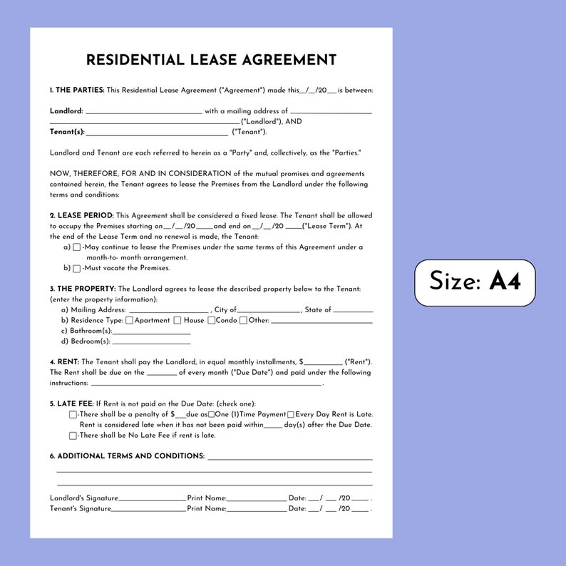 Editable Residential Lease Agreement Template: US Letter & A4 (digital ...