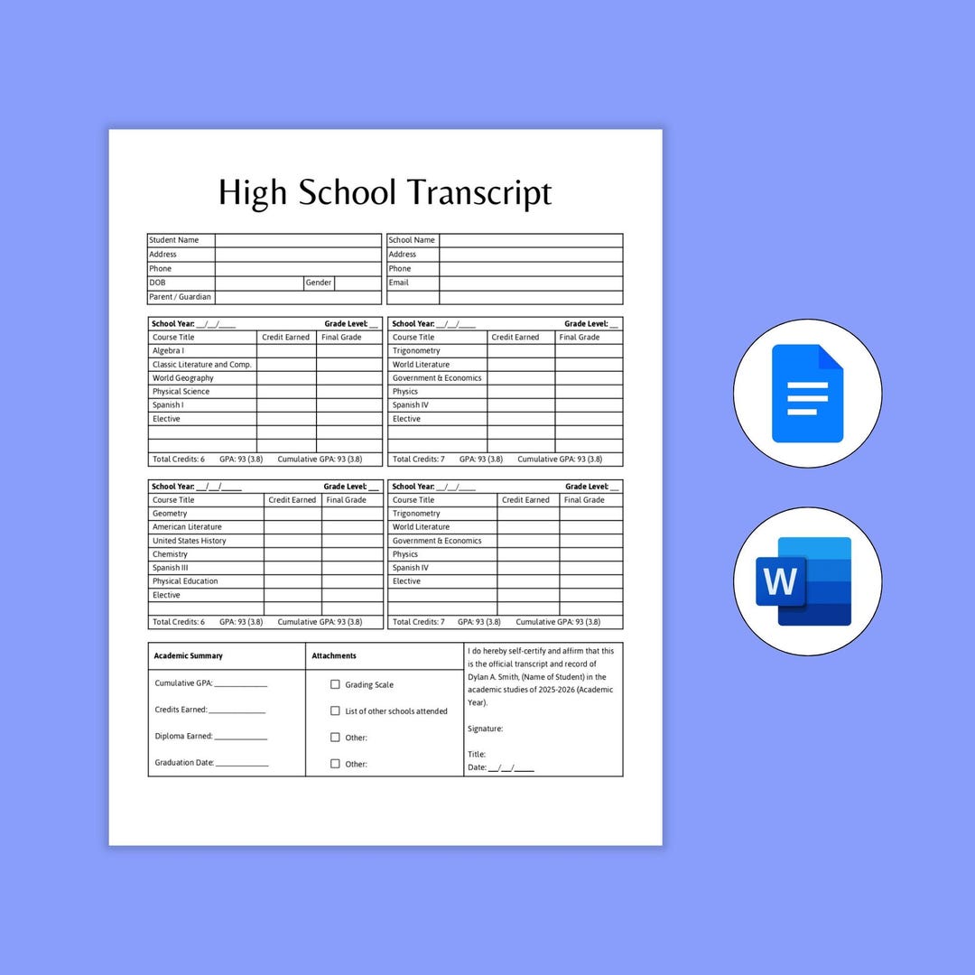 Editable Homeschool Transcript Template: Fillable High School Academic ...