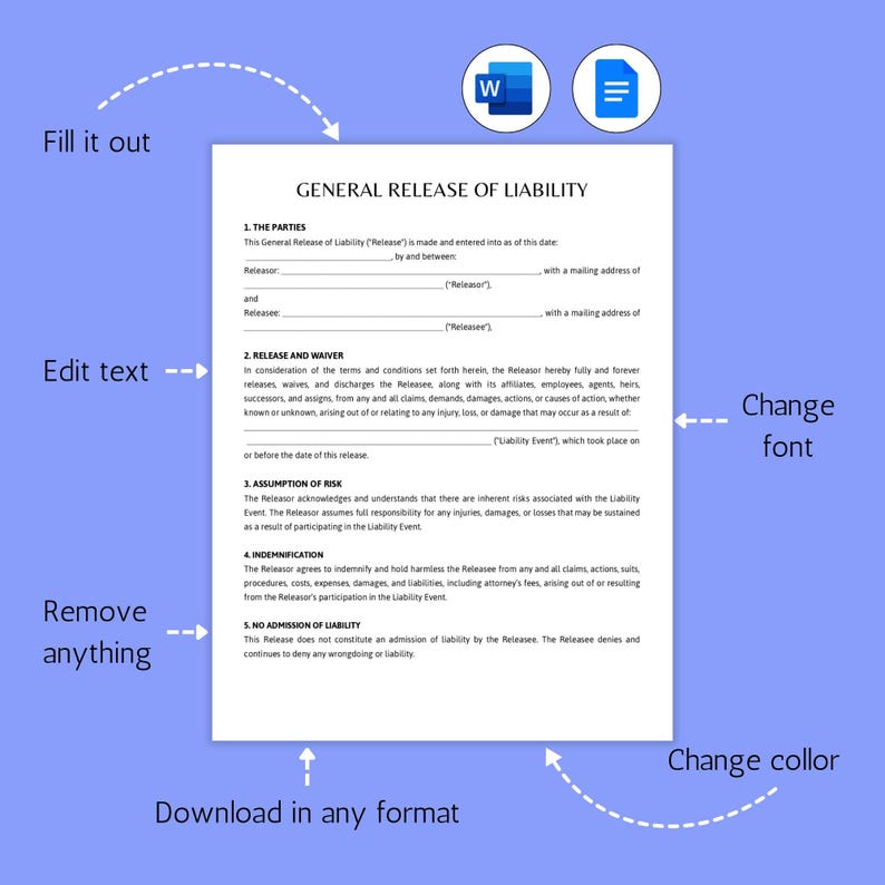 General Release of Liability Form Template (word, PDF, Google Docs) - Etsy