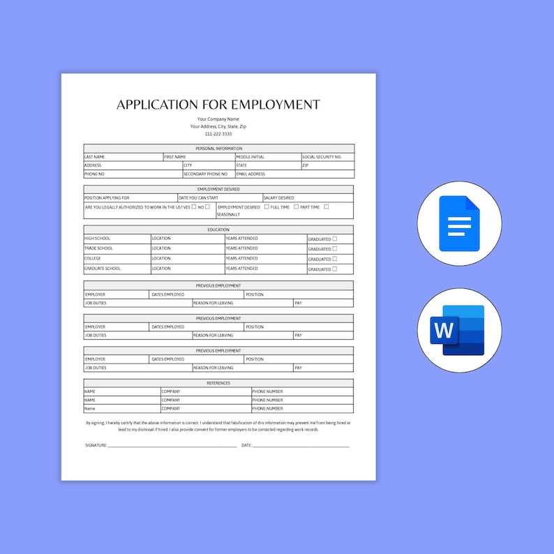 Job Application Template Word. Application for Employment. Employee Application. Editable ...