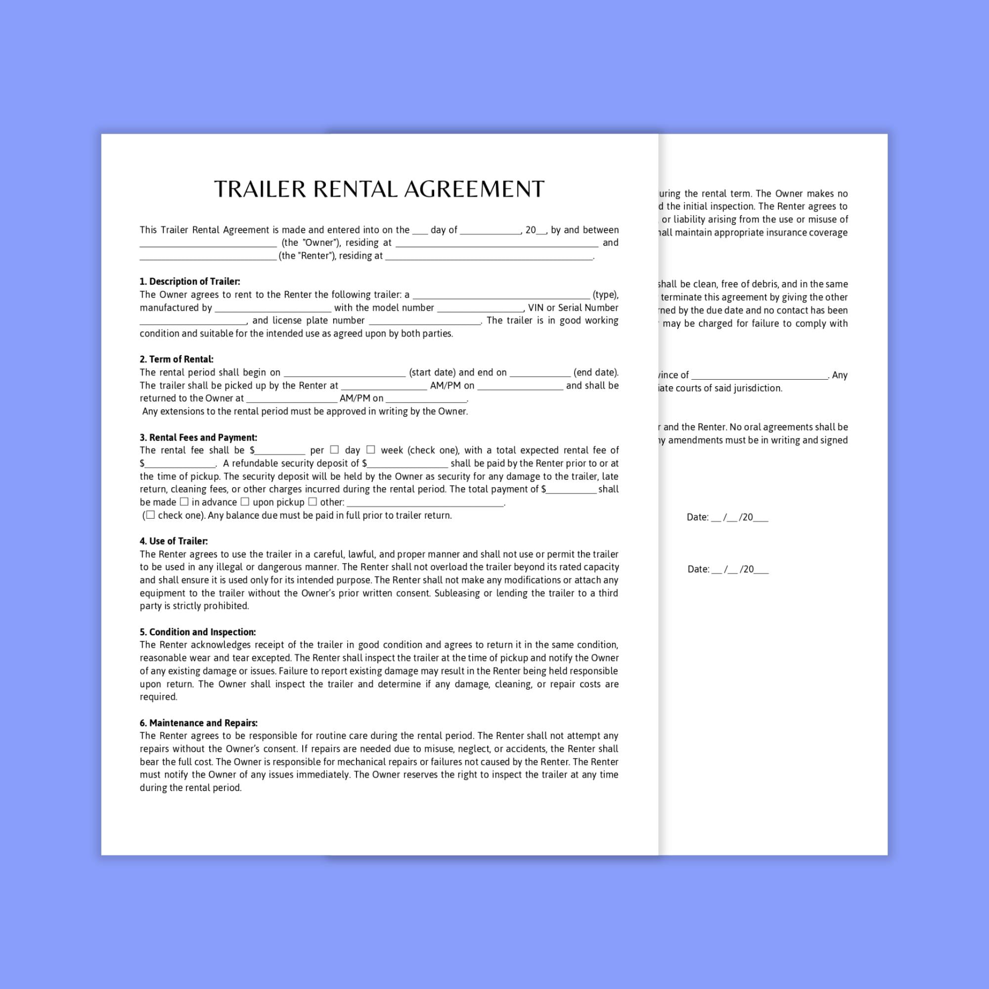 Trailer Rental Contract Template. Trailer Rental Agreement Template ...