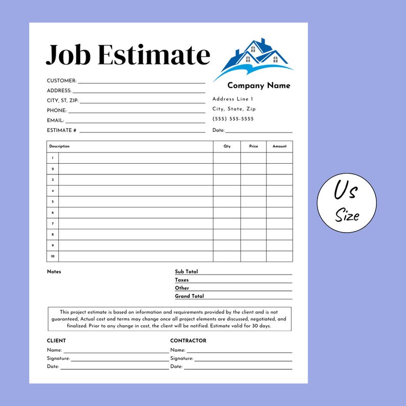 Editable Job Estimate Template. Work Estimate Template. Construction ...