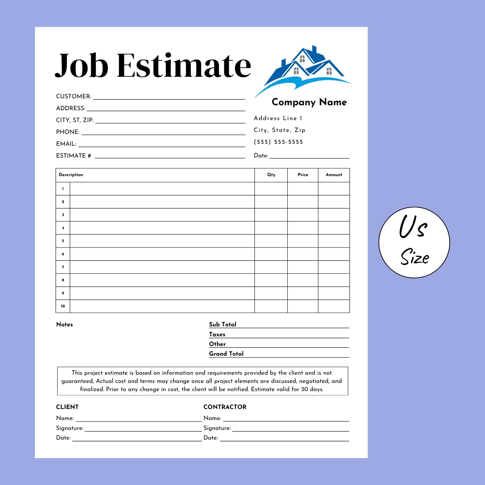Job Estimate Template. Work Estimate Template, Editable Job Estimate ...
