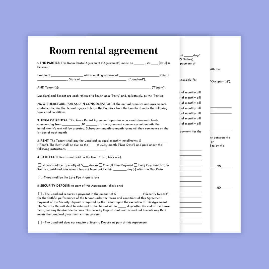 Room Rental Agreement, Room Rental Lease Template, Room Rental Contract ...