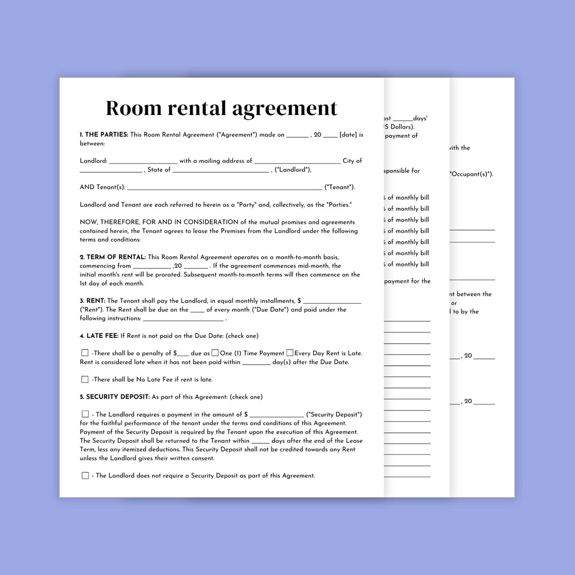 Room Rental Agreement, Room Rental Lease Template, Room Rental Contract ...