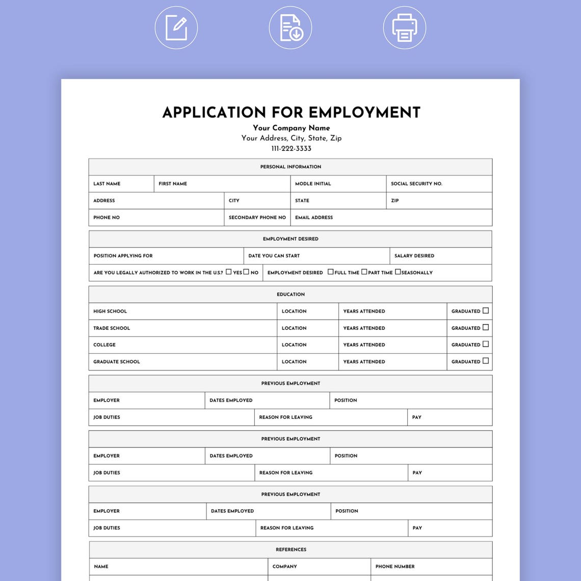 Job Application Template, Employment Application, Job Application ...