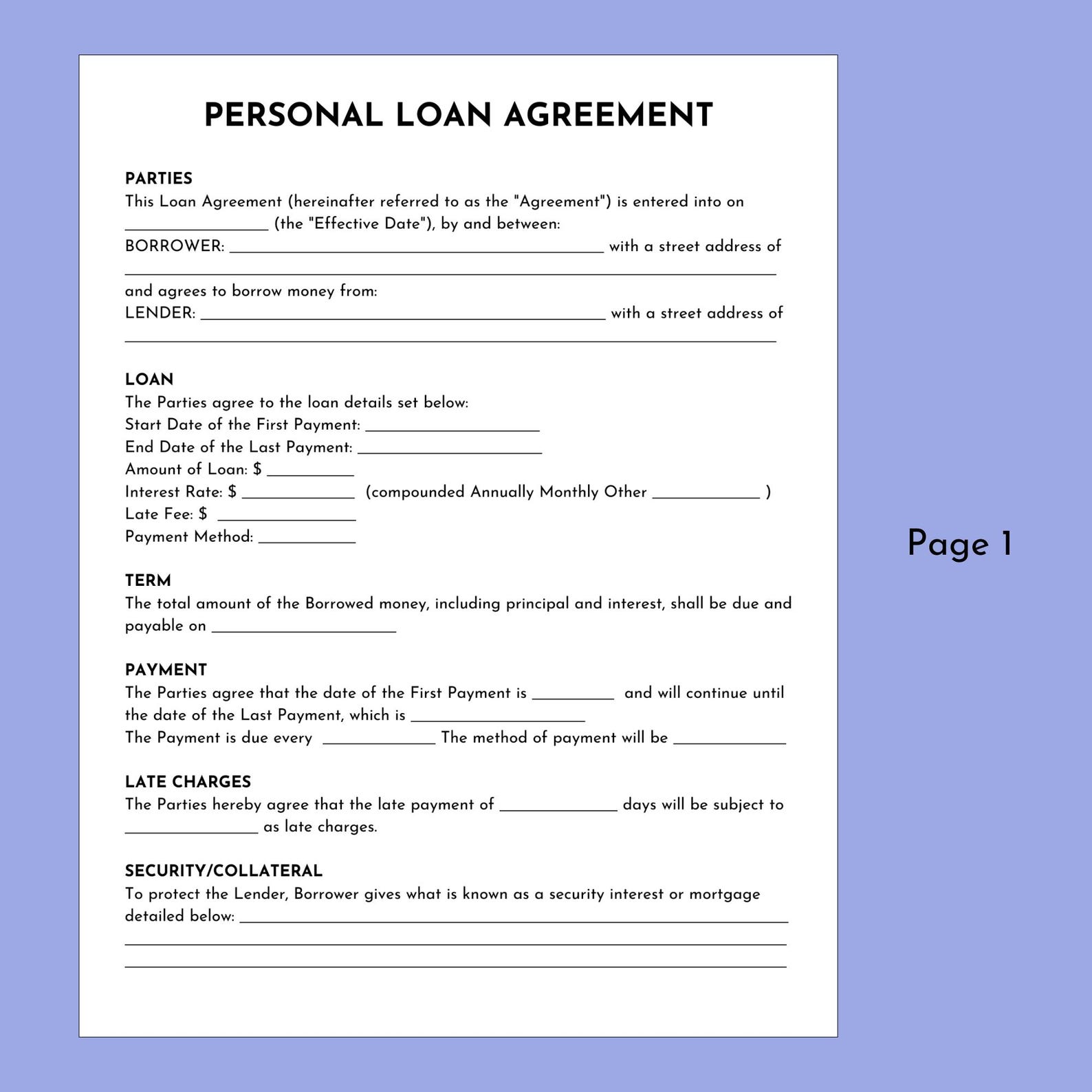 Personal Loan Agreement Template. Printable Personal Loan Agreement ...