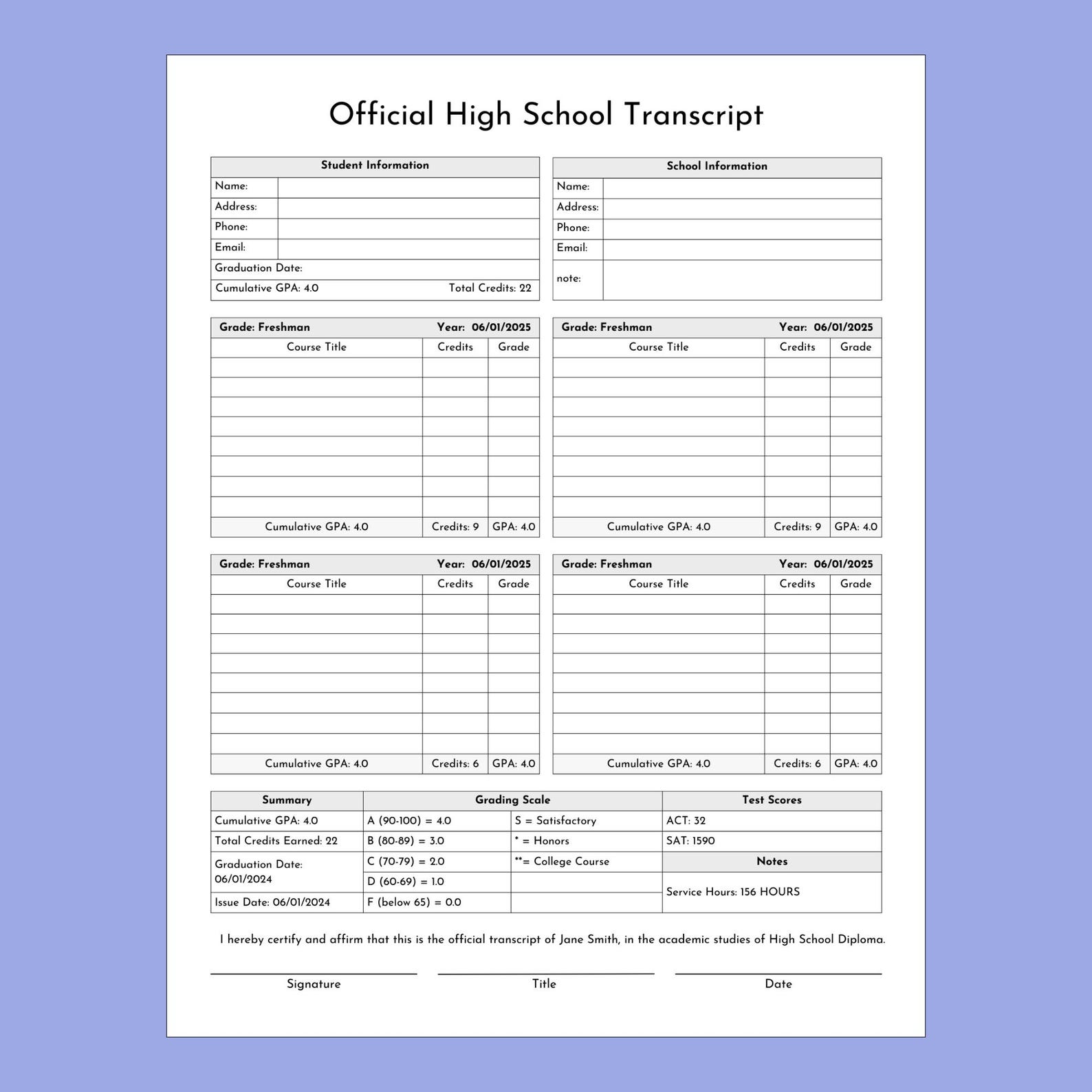 High School Transcript .homeschool Transcript, Editable High School ...