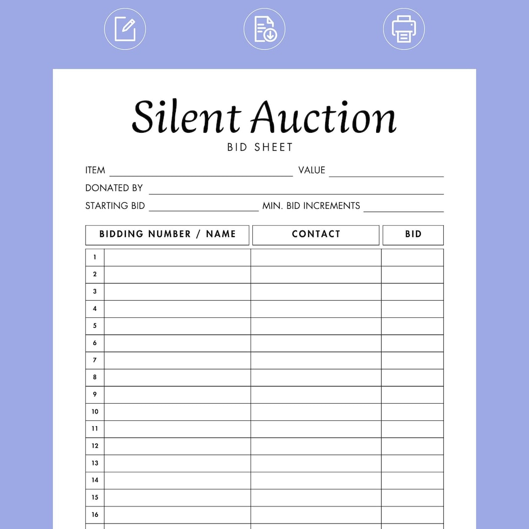 Editable Silent Auction Bid Sheet. Silent Auction Sign up Sheet, 2025 ...