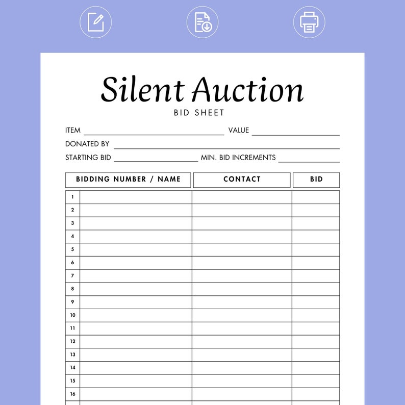 Editable Silent Auction Bid Sheet. Silent Auction Sign up Sheet ...