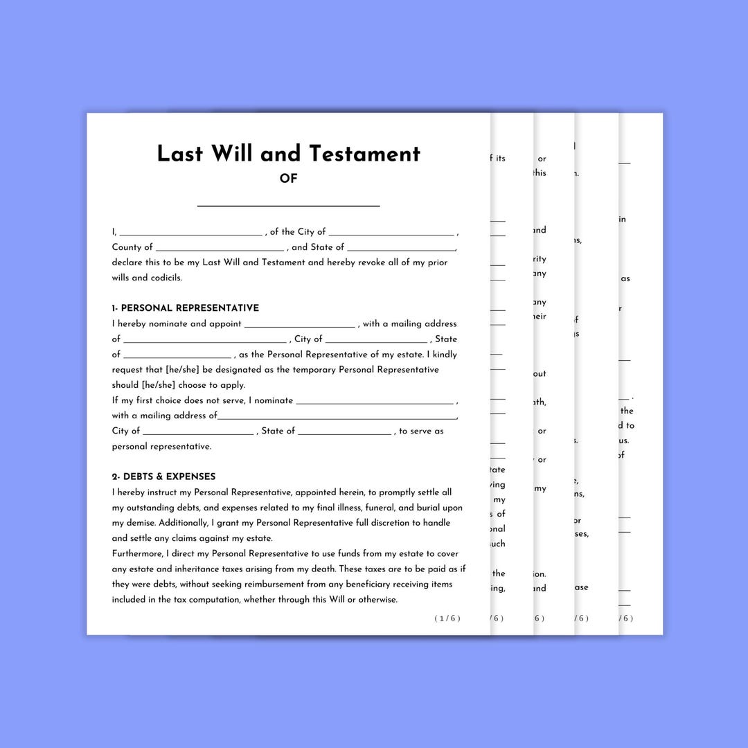 Last Will and Testament Template, Fillable Legal Document (PDF Download ...