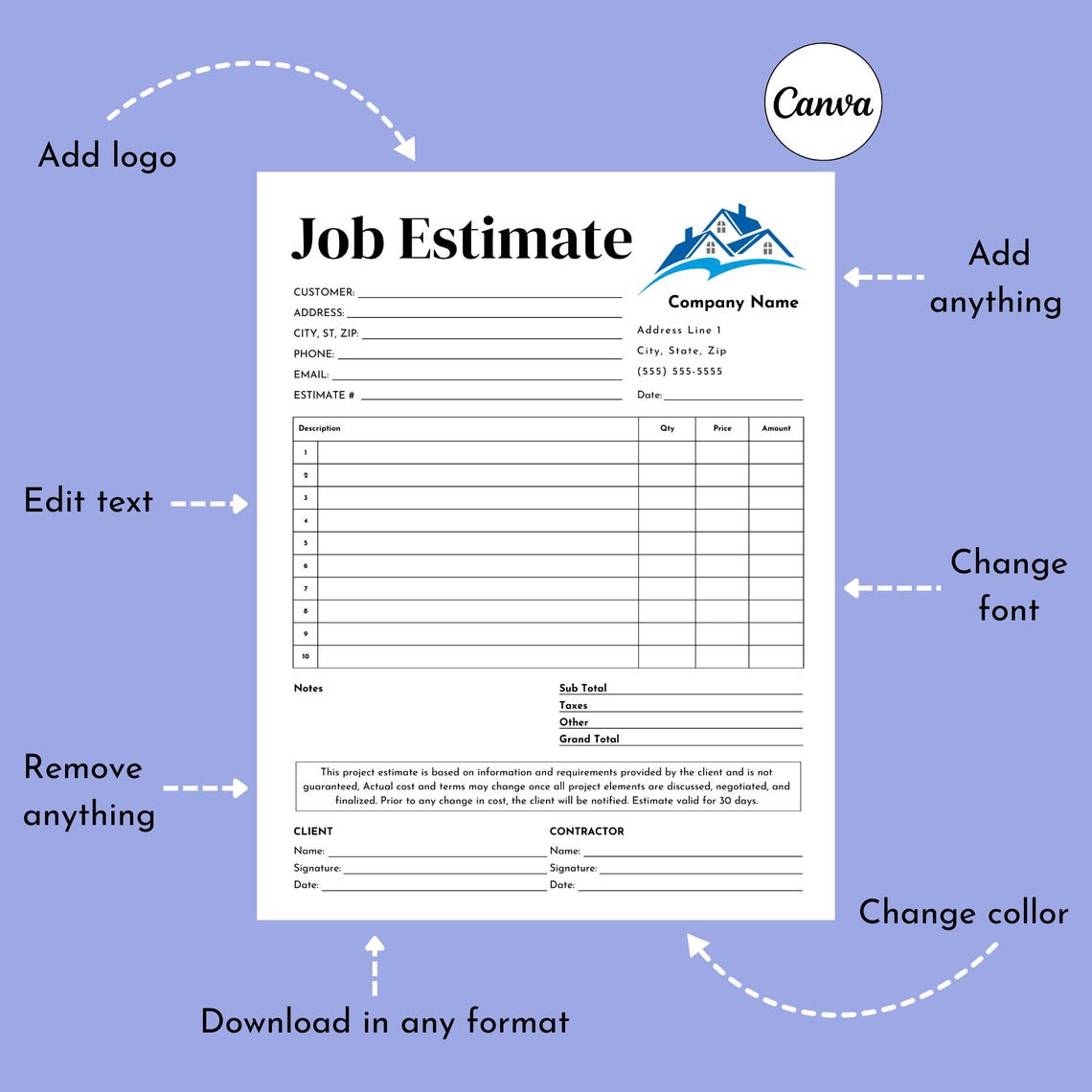Job Estimate Template. Work Estimate Template, Editable Job Estimate ...