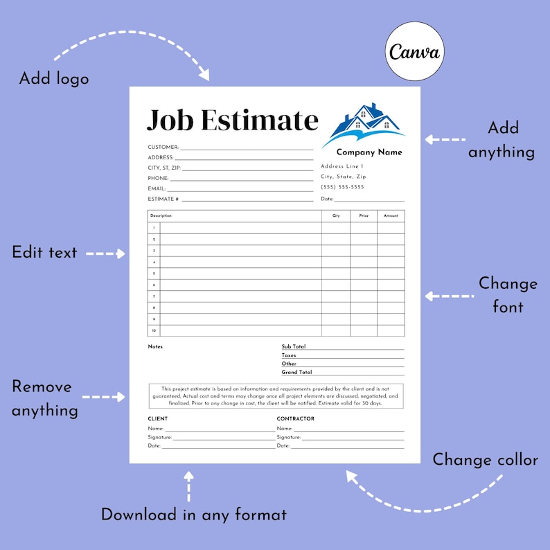 Job Estimate Template. Work Estimate Template, Editable Job Estimate ...