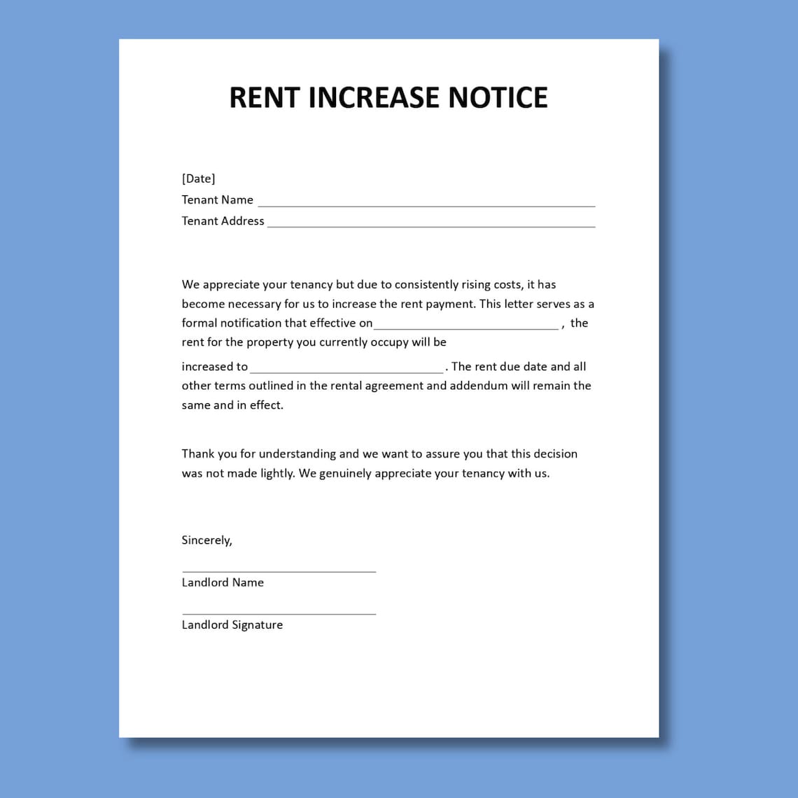 Rental Increase Notice, Rental Increase Form, Rental Increase Letter ...