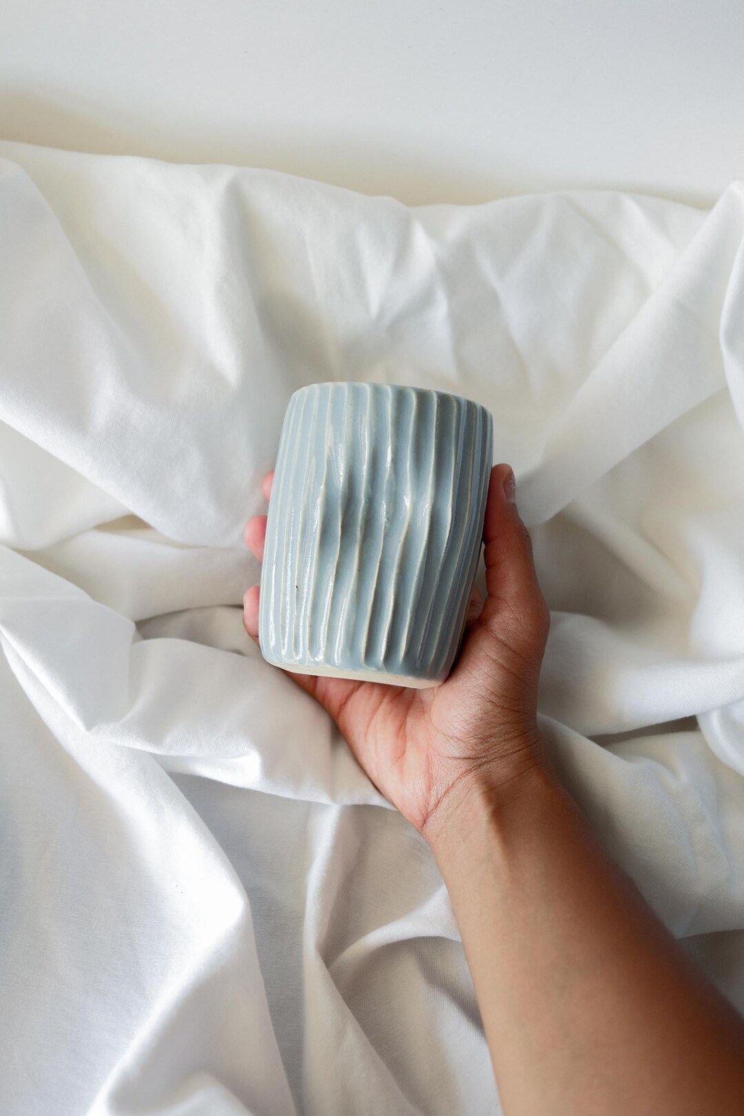 12 Oz Blue Ceramic Thumb Mug | Thumbprint Tumbler, Handmade Pinch Cup ...