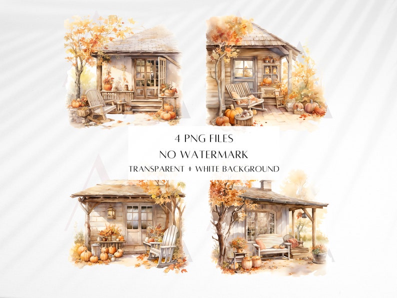 Fall Porch Watercolor Clipart | Autumn Scenes Clipart | Fall Watercolor ...