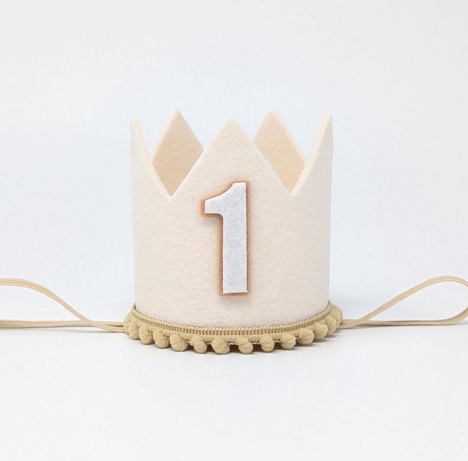 First Birthday Felt Crown: Cream, Beige Pom Trim, Cake Smash - Etsy