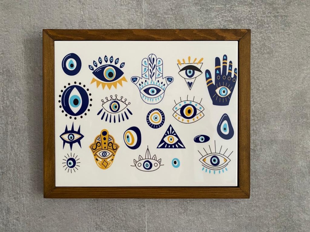Evil Eye Ceramic Tile Wall Decor: Handmade Wooden Frame Hanging - Etsy