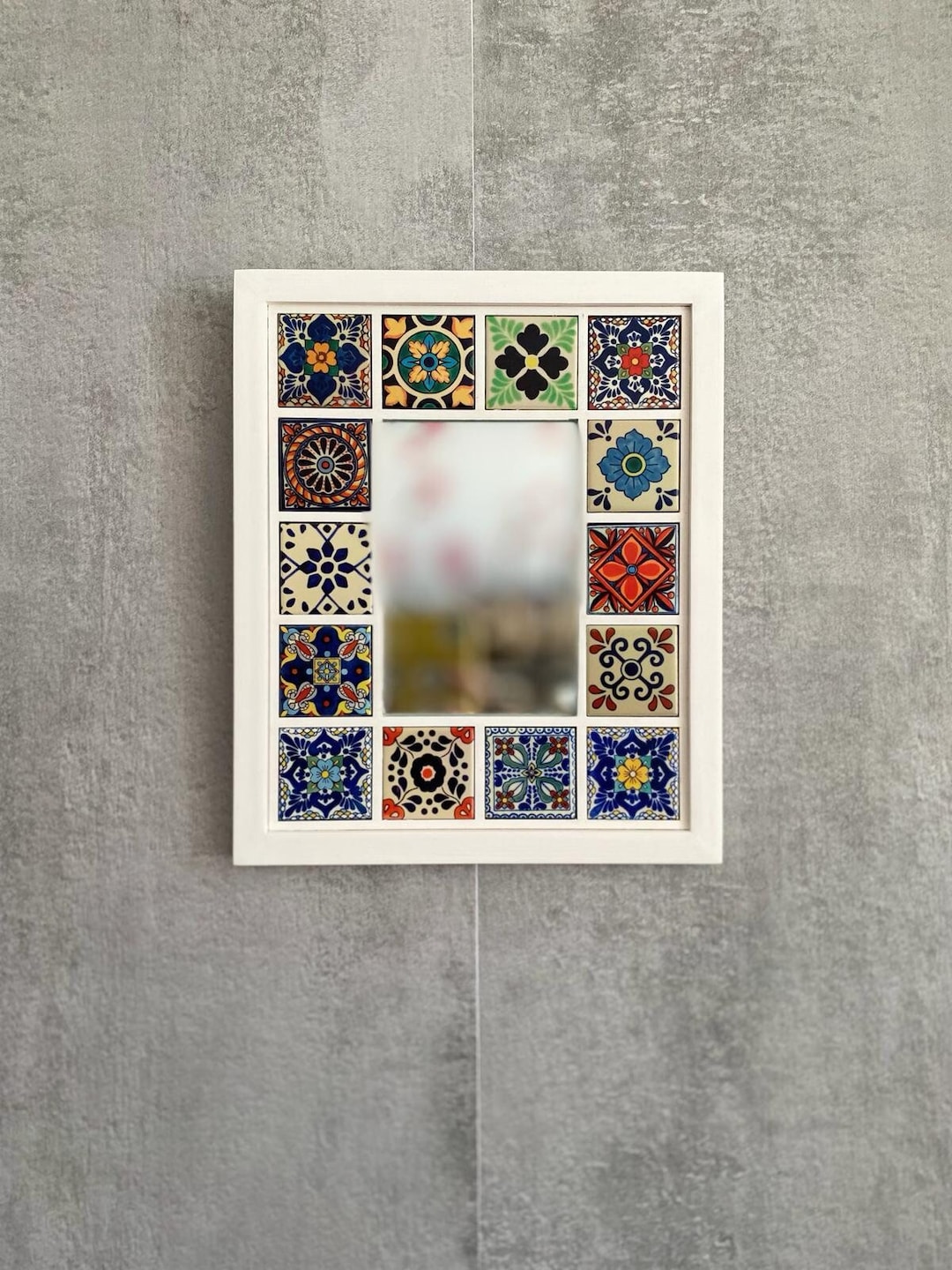 Wall Mounted Ceramic Tile & Wooden Frame Mirror, Handmade Mediterranean ...