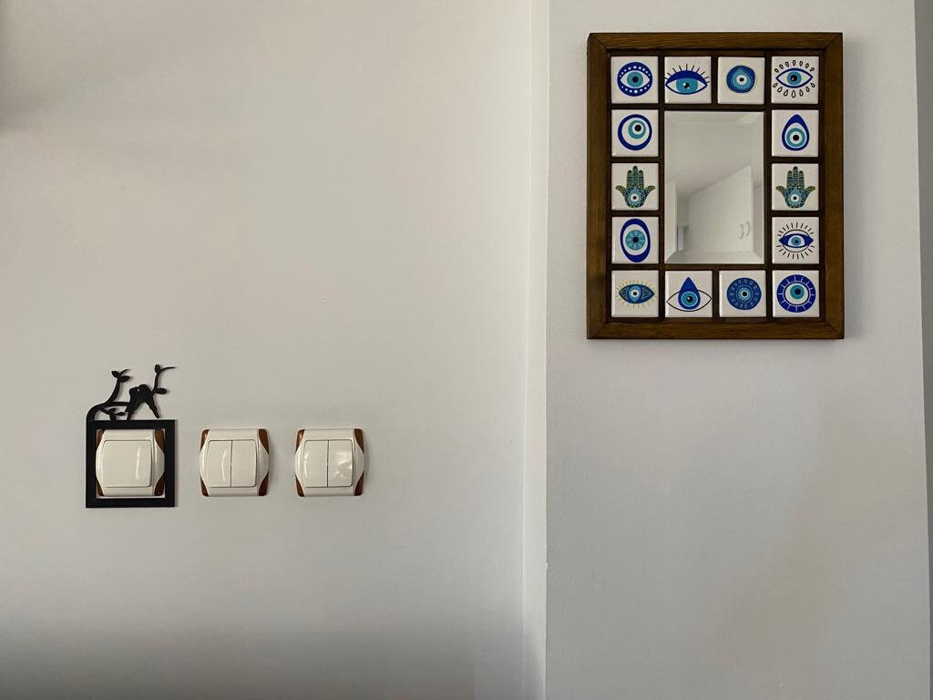 Wall Mounted Ceramic Tile Decoration & Wooden Frame Mirror, Evil Eye ...
